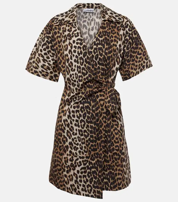GANNI Leopard-print Cotton Wrap Dress