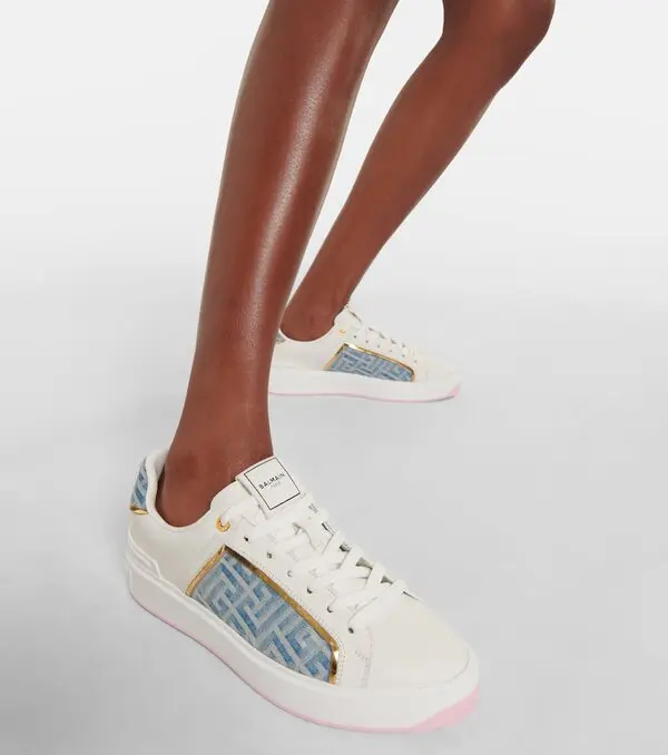 Balmain B-court Denim-trimmed Leather Sneakers