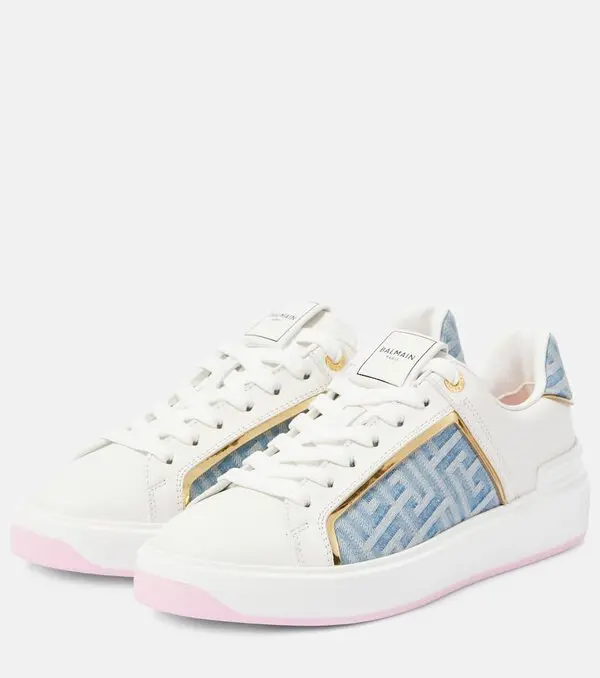 Balmain B-court Denim-trimmed Leather Sneakers
