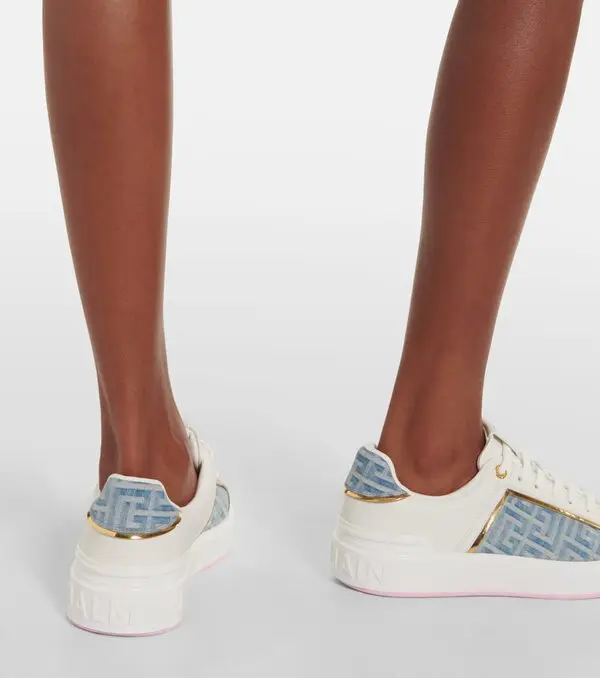 Balmain B-court Denim-trimmed Leather Sneakers