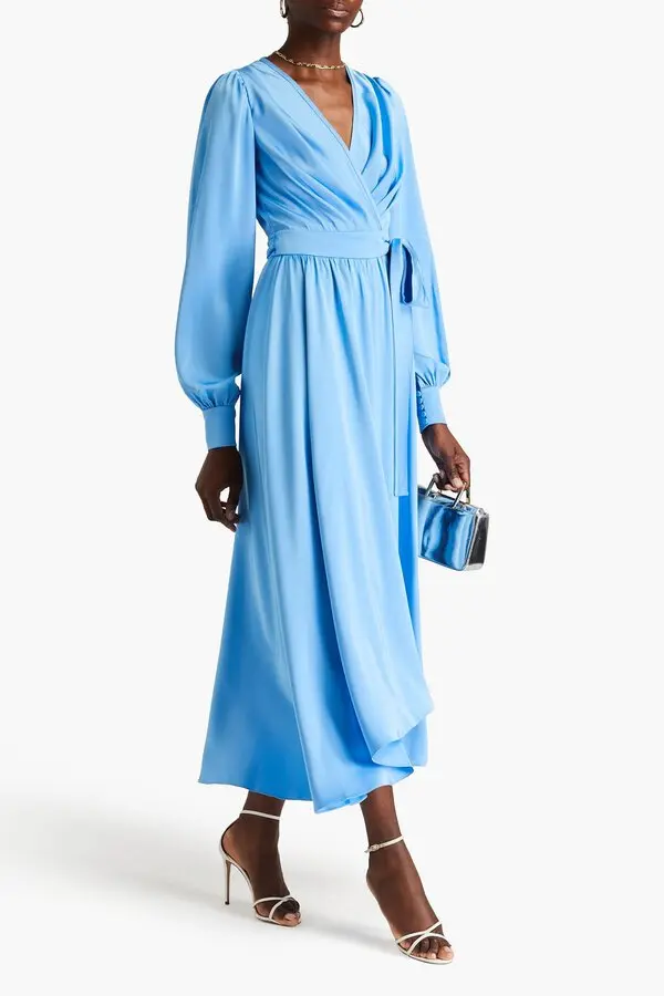 RHEA COSTA Gathered Satin Midi Wrap Dress