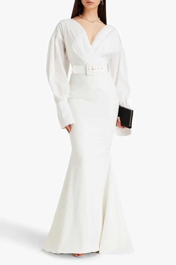 RHEA COSTA Gianna Pleated Satin-crepe Gown
