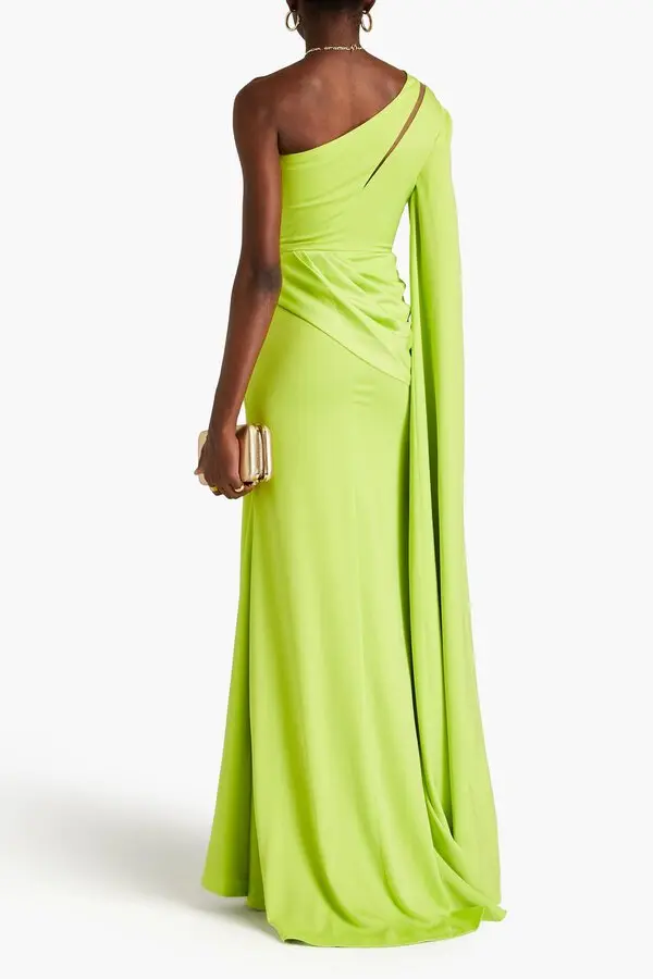 RHEA COSTA Draped Pleated Satin Gown