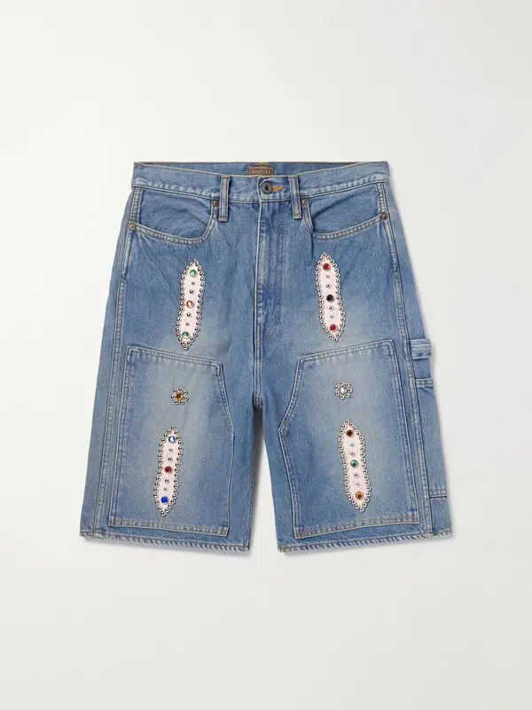 Kapital Straight-leg Embellished Denim Shorts - Blue