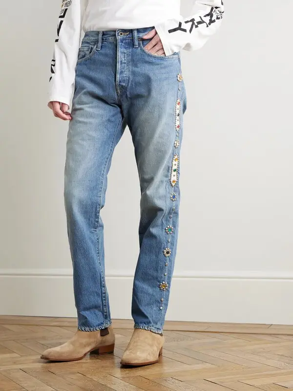 kapital kountry ライトブルー ストレートジーンズ　巨大スタッズ Kapital Stud-Embellished Straight-Leg Jeans - Blue | Editorialist