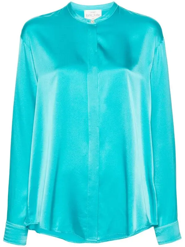 FORTE_FORTE Band-collar Satin Shirt - Blue