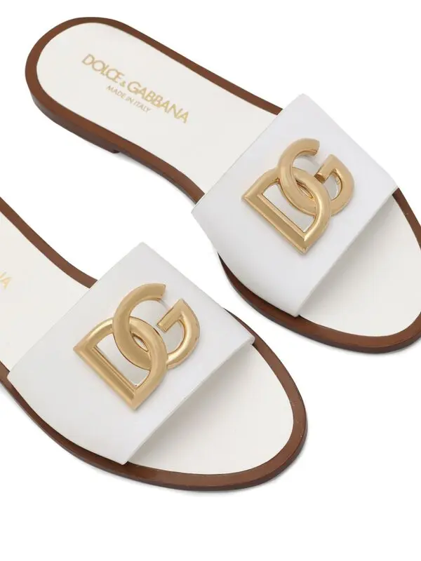 Dolce & Gabbana Flat Calfskin Slides With Dg Logo - White