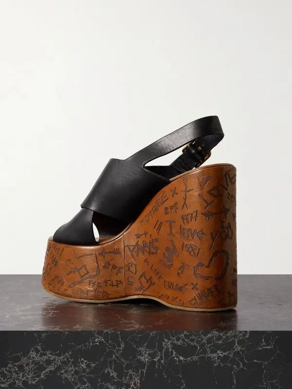 Chloé Maxime Leather Slingback Platform Wedge Sandals - Black