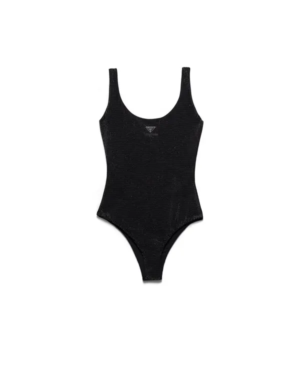 Prada Jersey One-piece Swimsuit With Rhinestones - Black