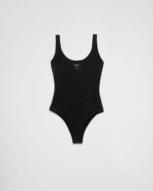Prada Jersey One-piece Swimsuit With Rhinestone Embellishments - Black/fume