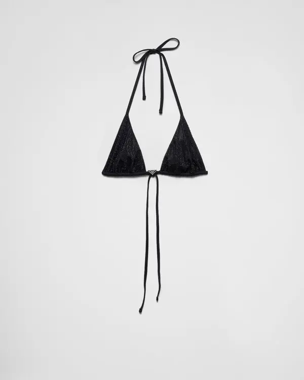 Prada Jersey Triangle Bikini Top With Rhinestones - Black/fume