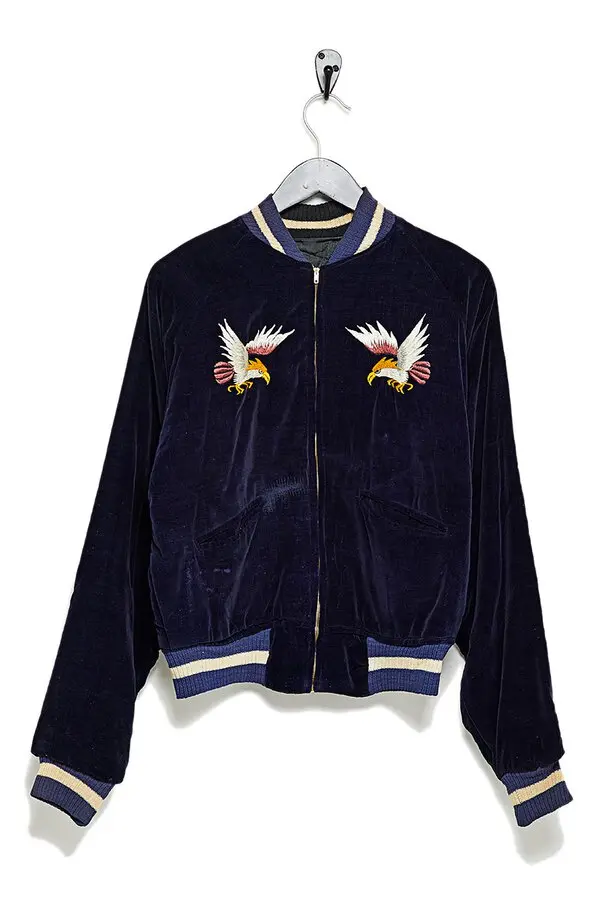 Vintage Silk And Velvet Reversible Jacket - Navy