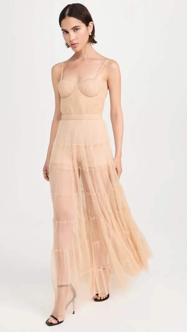 Alice + Olivia Deena Pleated Maxi Dress With Hot Pants In Almond - 60% Off  | Editorialist