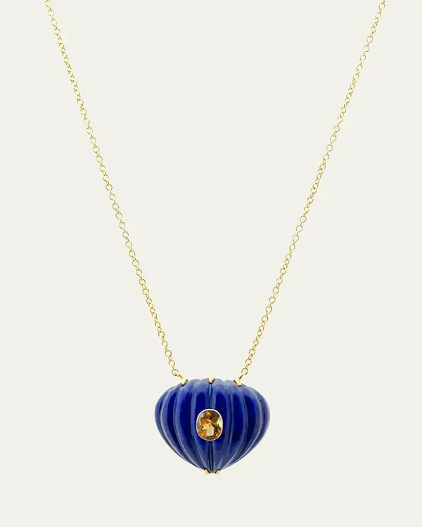 HAUTE VICTOIRE Lapis Lazuli And Citrine Carved Heart Necklace, 15"l - Blue