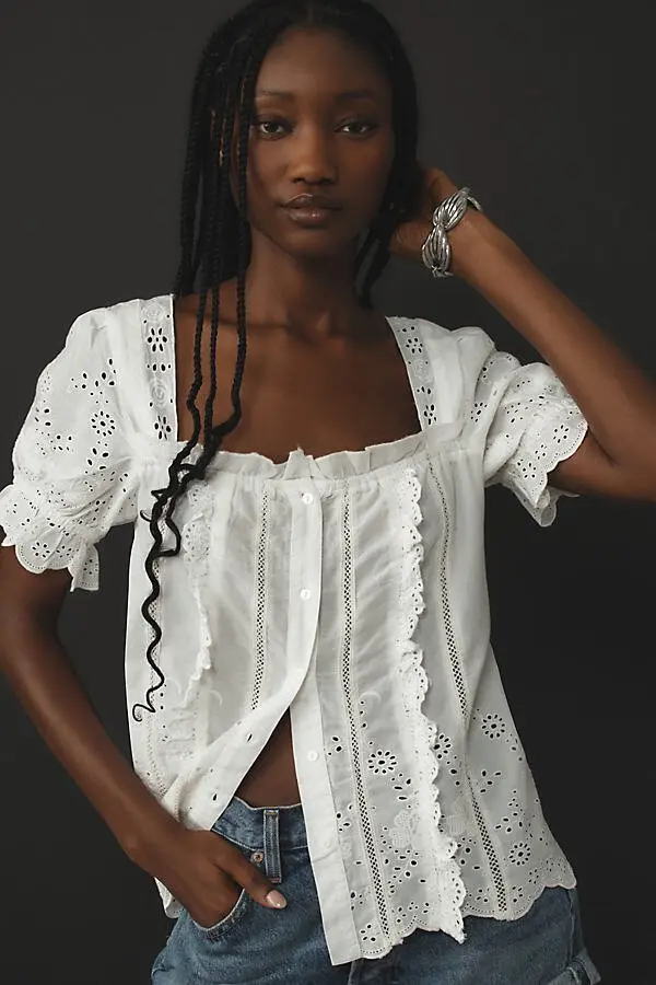 Anthropologie Puff-Sleeve Eyelet Top In White - 69% Off | Editorialist