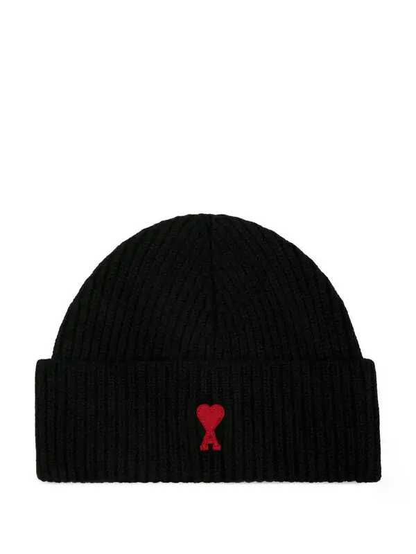 AMI Paris De Coeur Patch Wool Beanie - Black