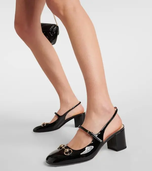 Gucci Horsebit 55 Patent Leather Slingback Pumps
