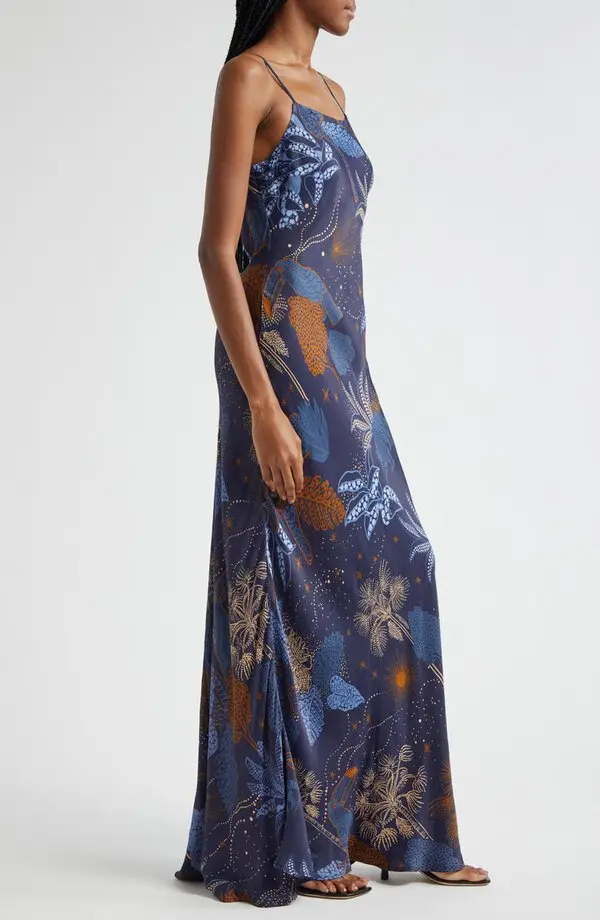 navy blue night jungle slip dress Farm Rio Night Jungle Bias Cut Maxi Slip Dress In Navy Blue - 55% Off