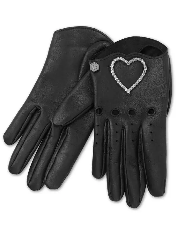 Philipp Plein Heart-appliqué Leather Gloves - Black