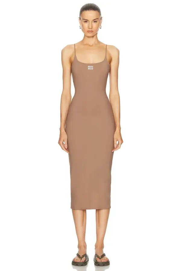 Miu Miu Midi Dress In Brown - Kaki | Editorialist