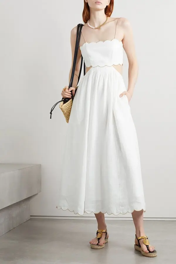 Zimmermann Cutout Scalloped Floralprint Linen Midi Dress In Ivory - 50% Off  | Editorialist