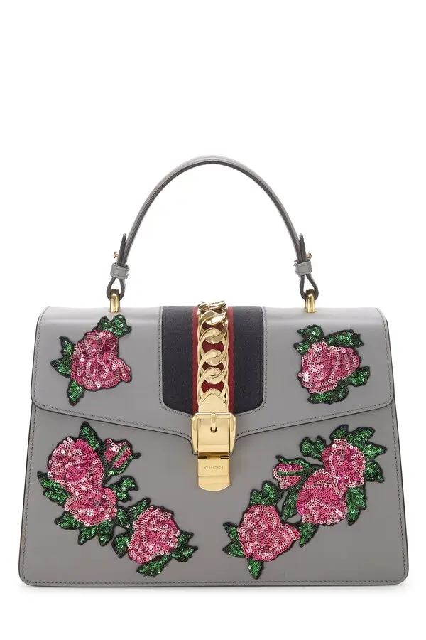 Gucci Floral Embroidered Leather Sequin Sylvie Shoulder Bag - Grey