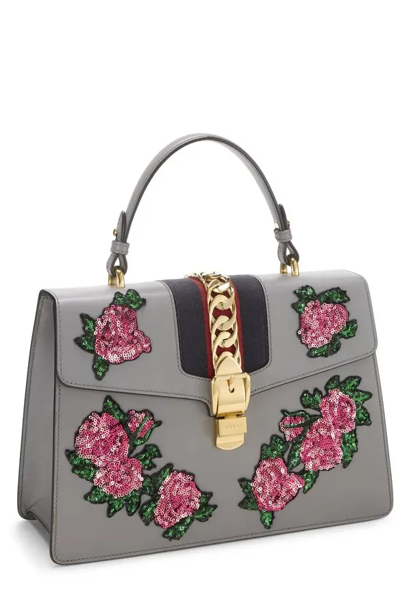 Gucci Floral Embroidered Leather Sequin Sylvie Shoulder Bag
