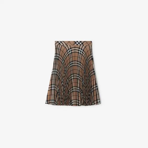 Burberry Pleated Check Wool Blend Skirt - Linden Brown