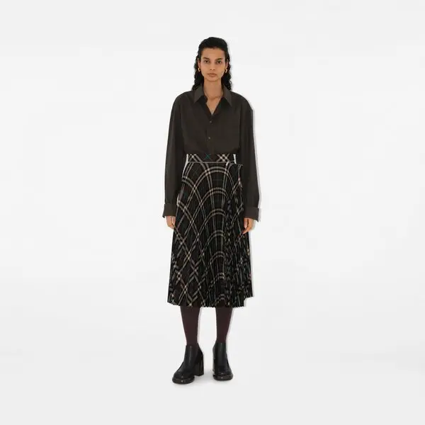 Burberry Pleated Check Wool Blend Skirt - Snug