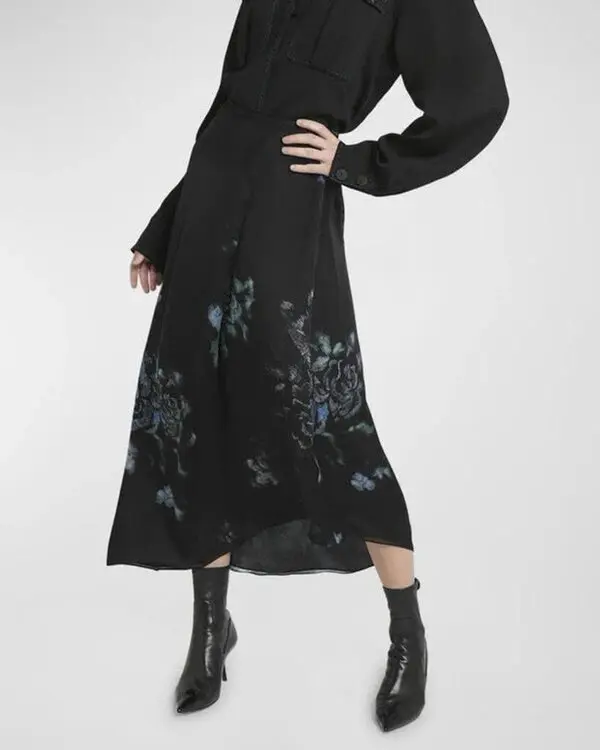 Giorgio Armani Floral Print Silk Wrap Midi Skirt - Solid Black