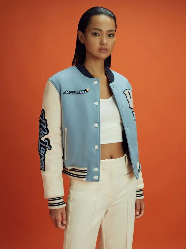 REISS X Mclaren F1 Team Varsity Bomber Jacket - Soft Blue/ecru