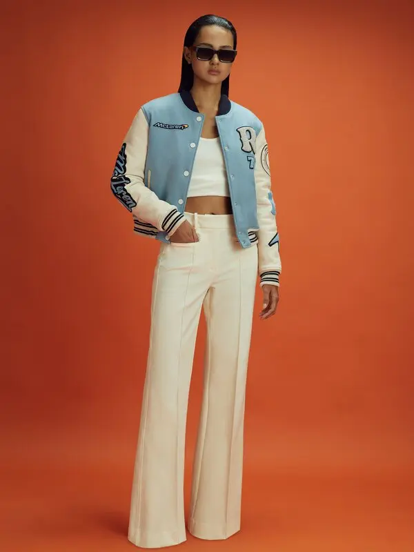 REISS X Mclaren F1 Team Varsity Bomber Jacket - Soft Blue/ecru