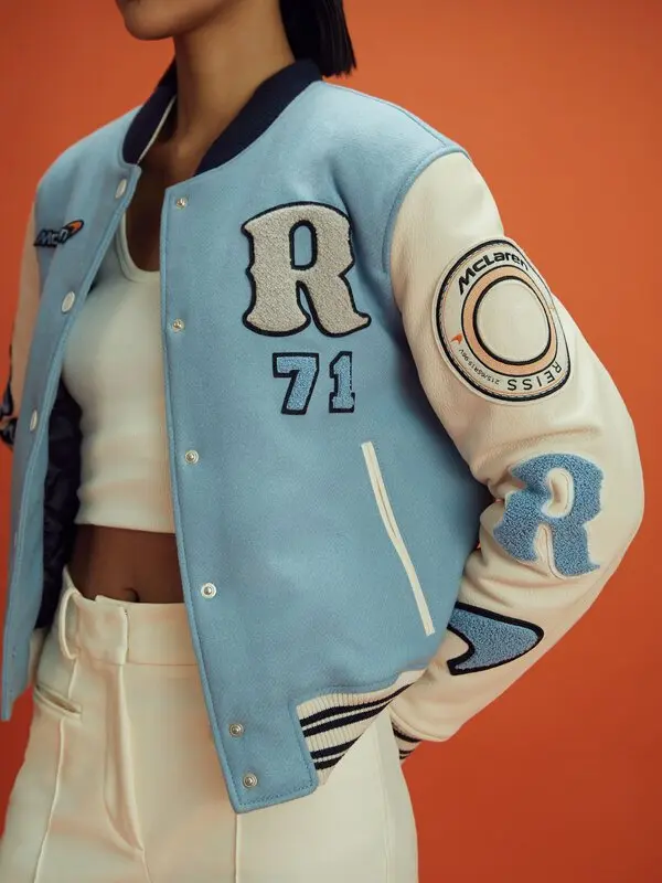 REISS X Mclaren F1 Team Varsity Bomber Jacket - Soft Blue/ecru