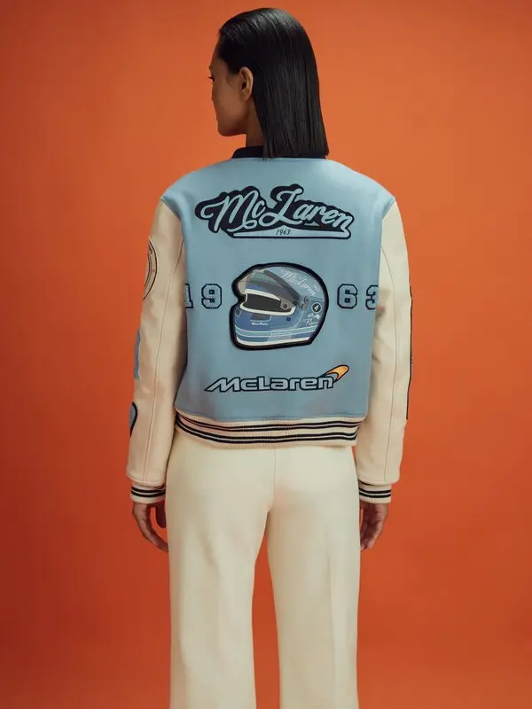 REISS X Mclaren F1 Team Varsity Bomber Jacket - Soft Blue/ecru