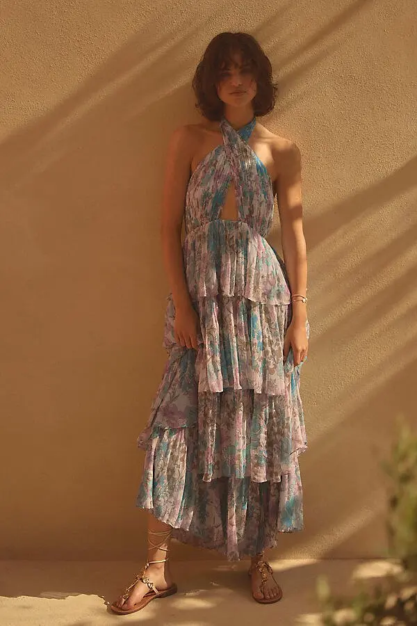 white christmas dresses Final Sale Plus Size Halter Chiffon Maxi Dress with Slits in Olive Palm Print main image 0