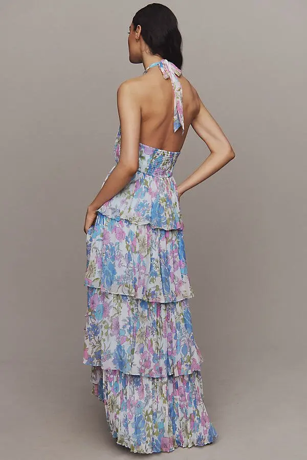 knee length dresses for ladies Sage Ditsy Floral Chiffon Ruffle High Slit Maxi Dress main image 0