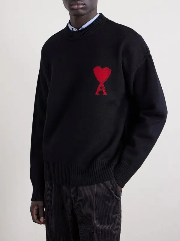 AMI Paris Logo-intarsia Virgin Wool Sweater - Black