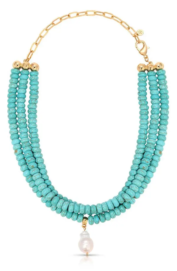 Ettika Triple Strand & Pearl Pendant Necklace