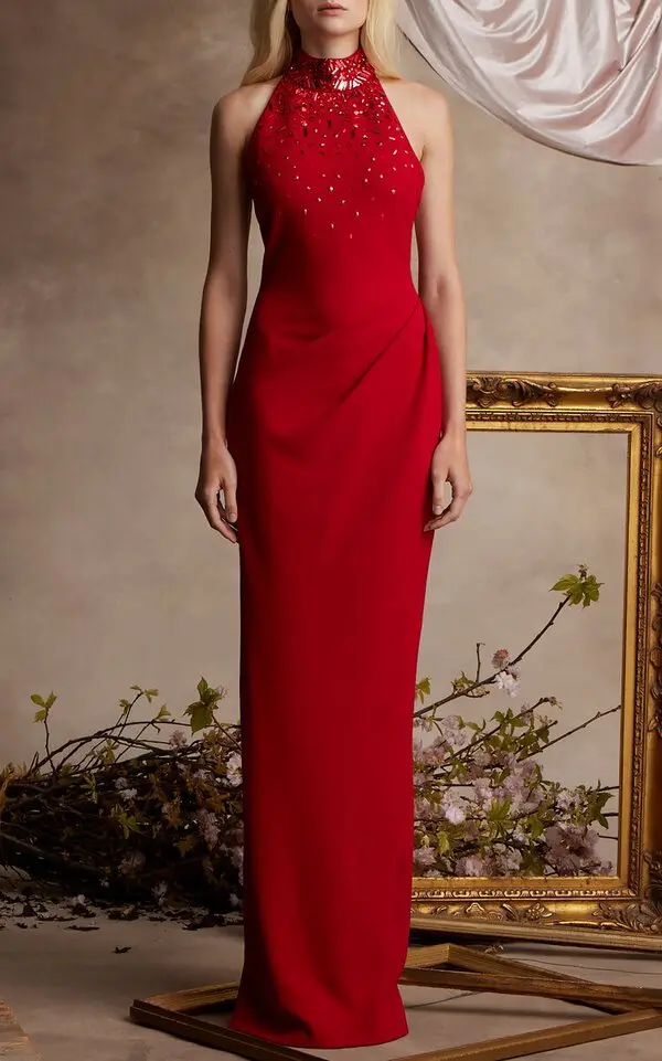 Pamella Roland Embellished-Neck Crepe Gown - Red | Editorialist
