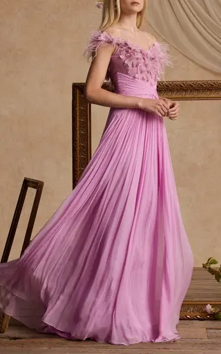 pamella roland pink dress Pamella Roland Ros Stretch Crepe Gown w/ Pearl and Floral Sequin  Embroidered Bodice