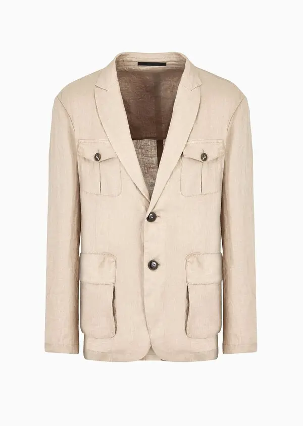 Giorgio Armani Single-breasted, Linen Canvas Safari Jacket