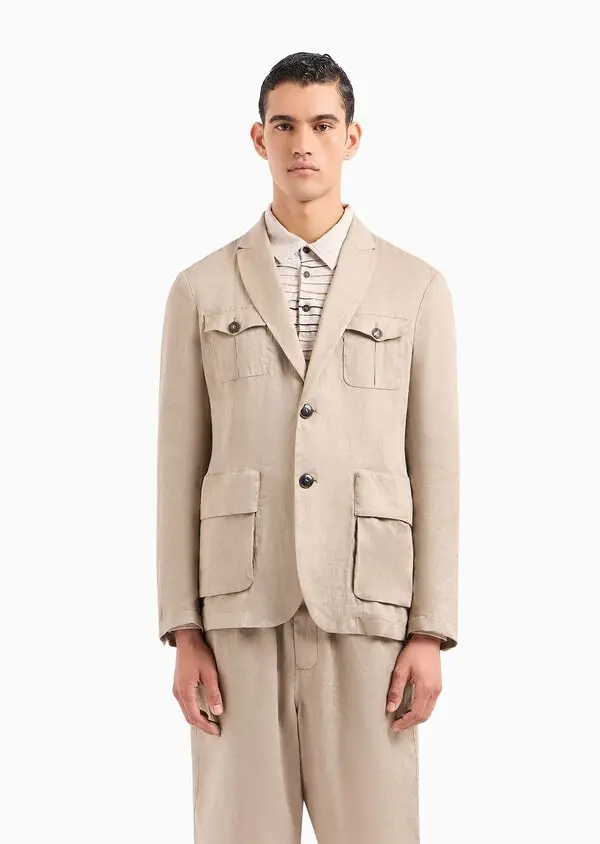 Giorgio Armani Single-breasted, Linen Canvas Safari Jacket
