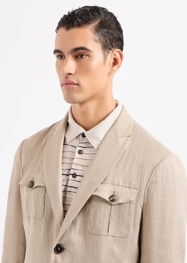 Giorgio Armani Single-breasted, Linen Canvas Safari Jacket