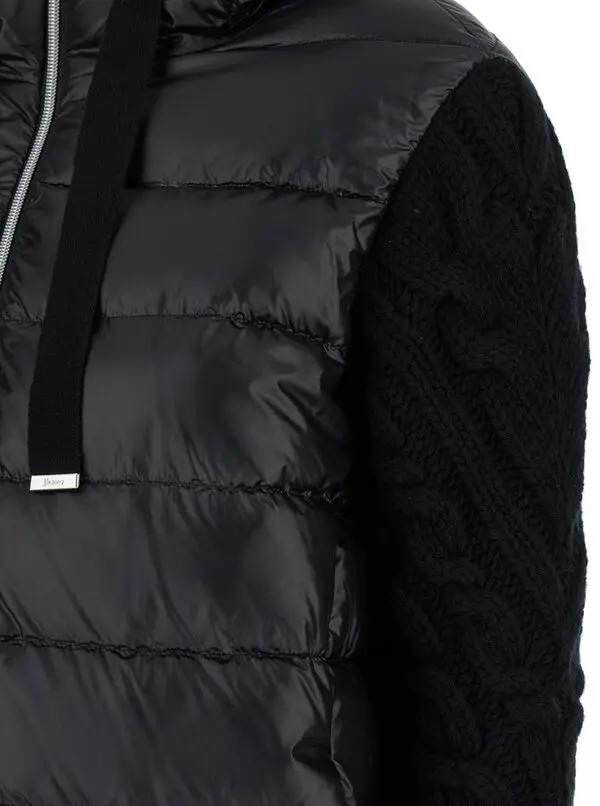 ダウンジャケット・コート HERNO Long down jacket with wool sleeves (PI00122DR 9300) Herno Long Down Jacket With Wool Sleeves - Black - 55% Off