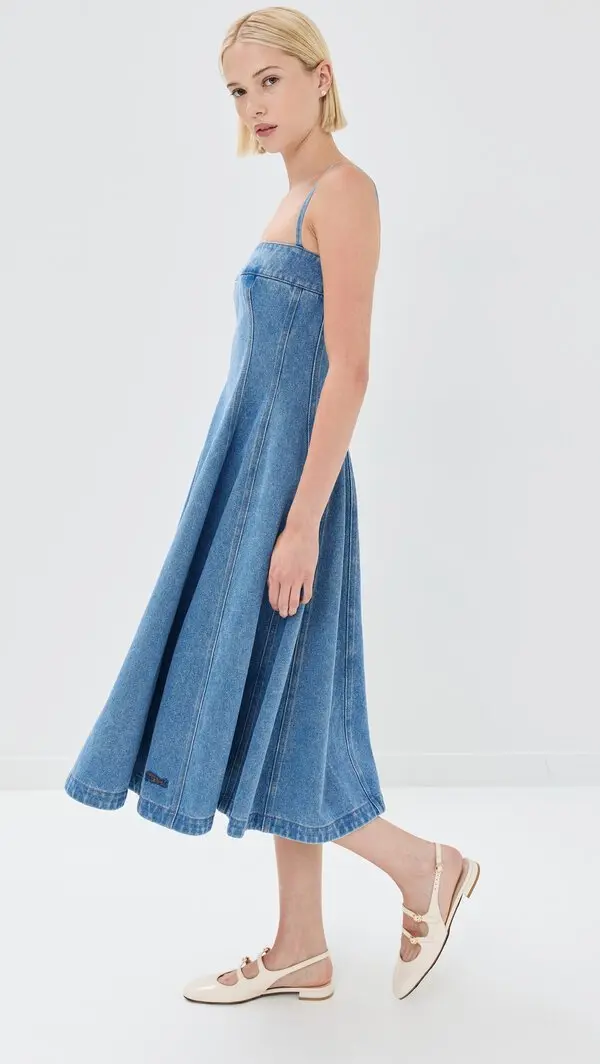 marni sleeveless paneled denim midi dress Marni Sleeveless Paneled Denim Midi Dress