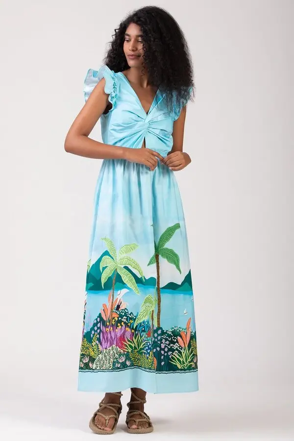 celina moon maxi dress New Long Bishop Sleeves Plunge Neckline Sundress P5135 floral maxi dress that can be worn on multiple occasions Flavian Printed Maxi Dress