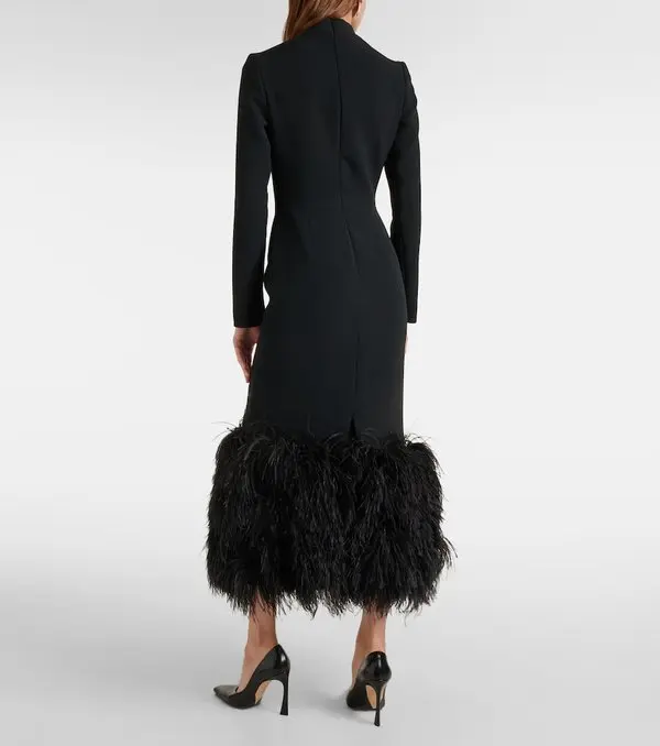 David Koma Feather-trimmed Cady Midi Dress