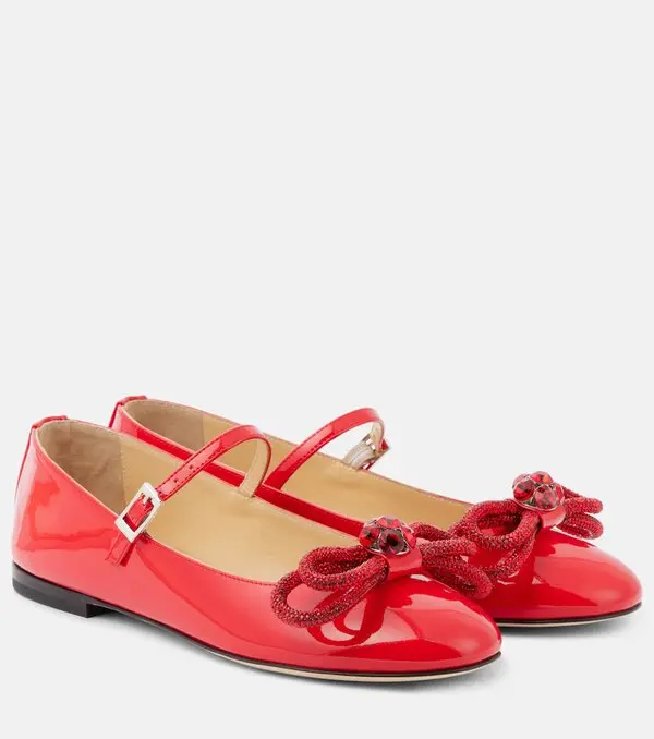 Mach & Mach Bow-detail Patent Leather Mary Jane Flats - Red
