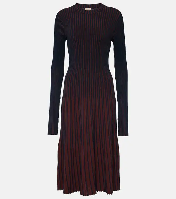 TOD'S Striped Pleated Ribbed-knit Midi Dress - Blue