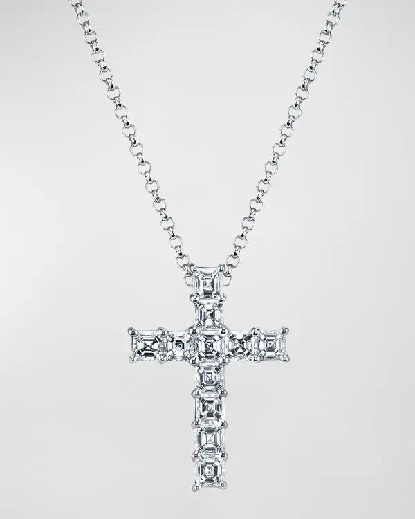 Neiman Marcus 18k Gold Asscher Cut Diamond Cross Pendant Necklace - White Gold